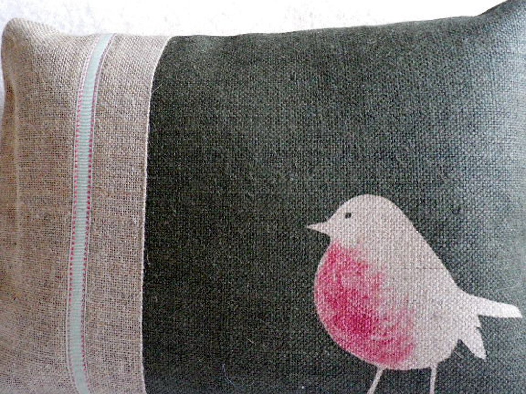 Hand Printed Rustic Olive Green Robin Cushion Cover - Etsy