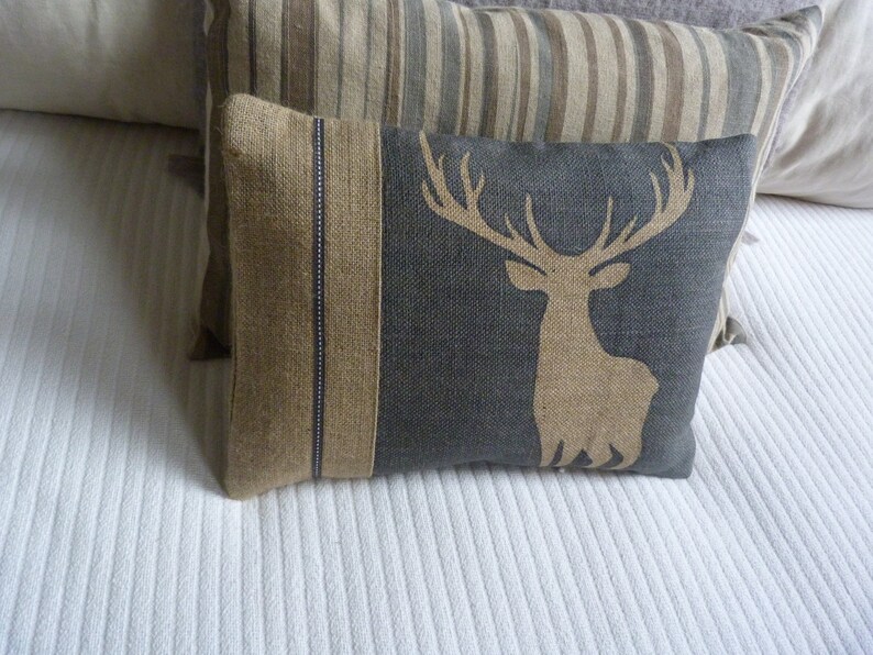 Hand printed deep muted blue stag cushion | Etsy