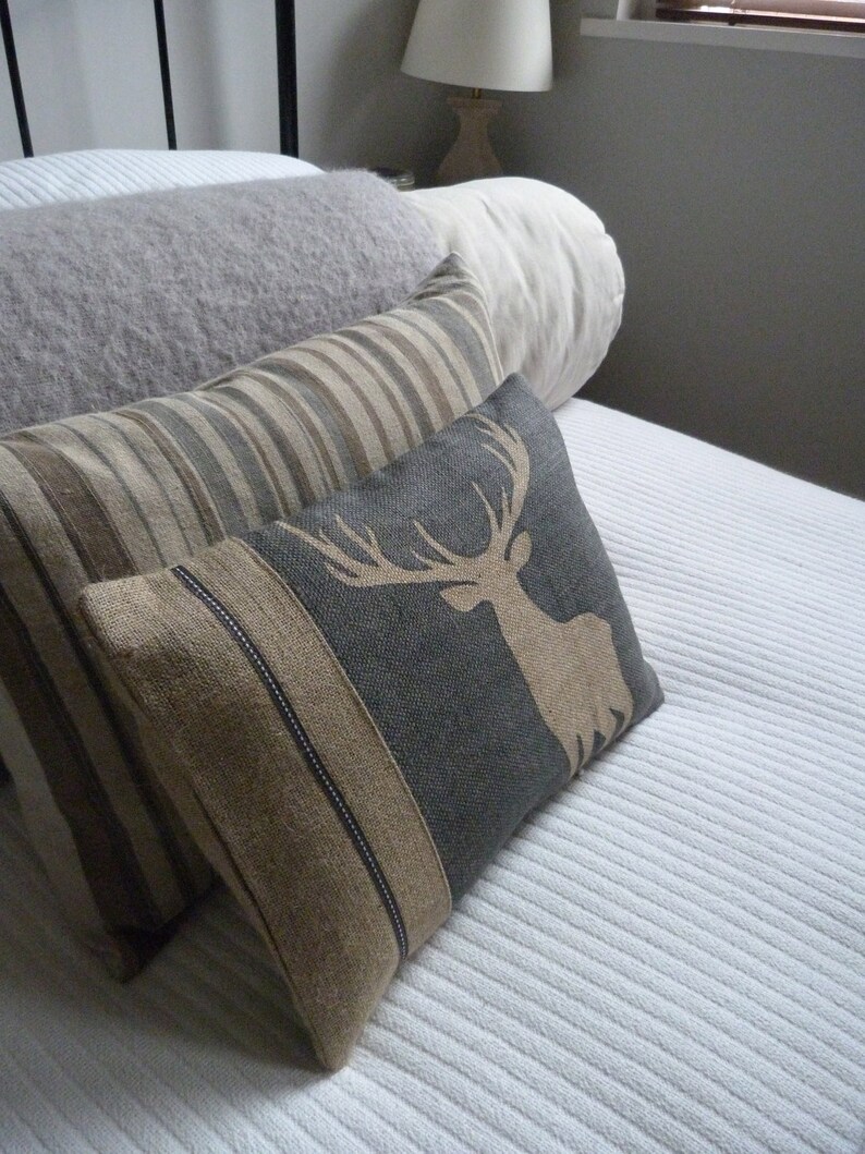 Hand printed deep muted blue stag cushion | Etsy