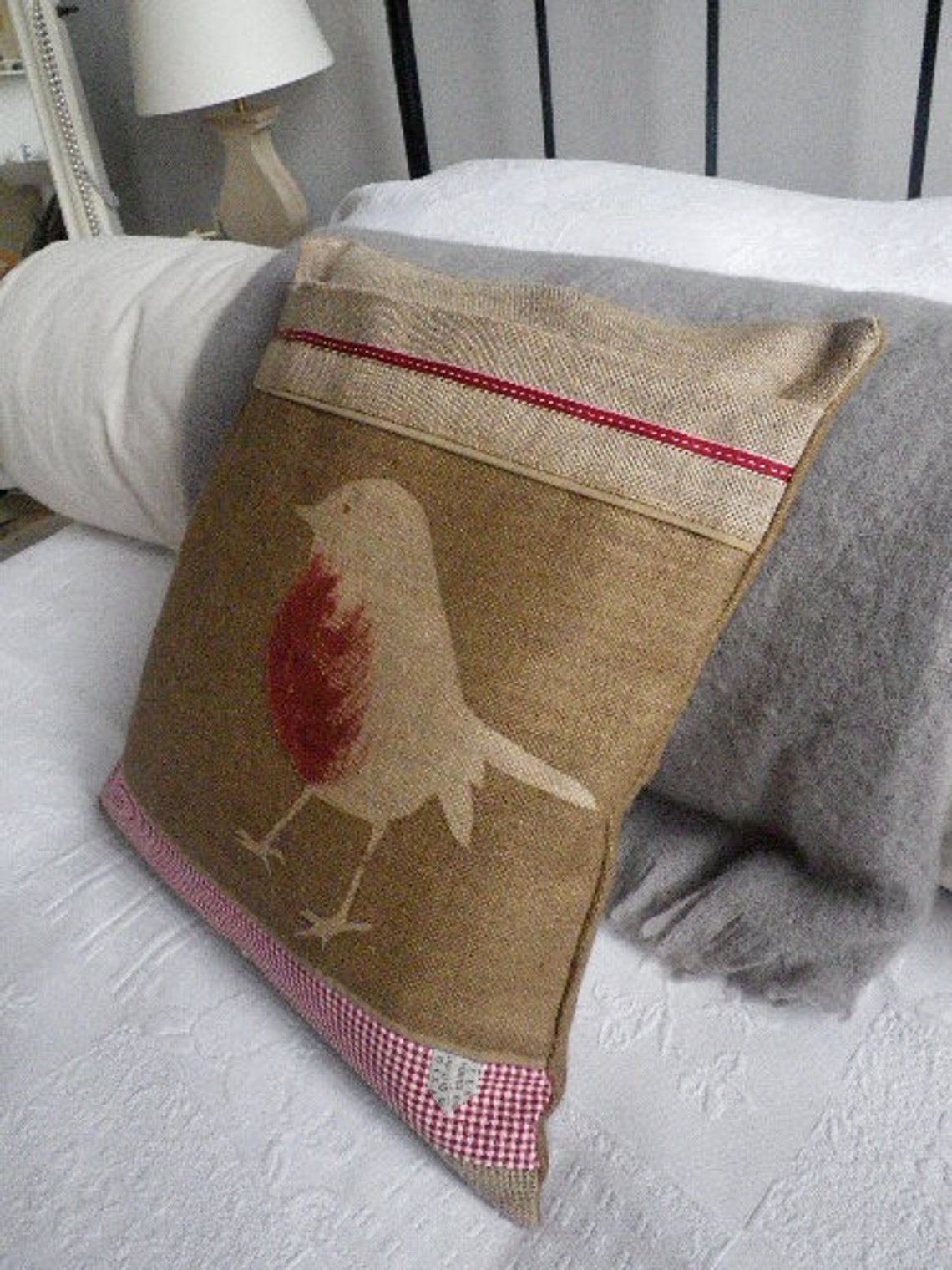 Hand Printed Brown Robin Cushion Cover | Etsy