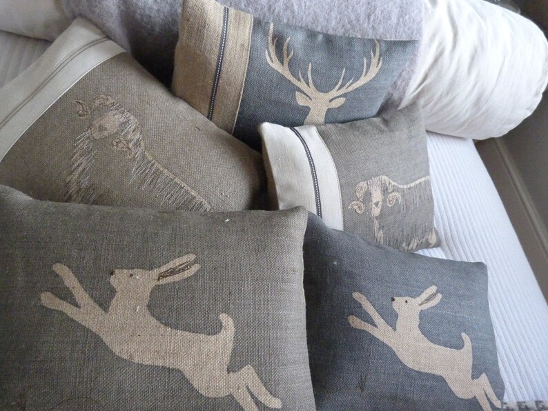 Hand Printed Muted Midnight Blue Little Leaping Logo Hare Cushion Cover ...