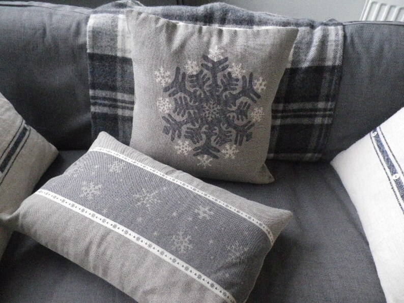 Hand Printed Grey Blue Snowflake Cushion Cover - Etsy