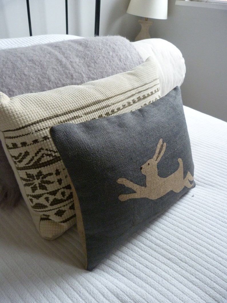 Hand Printed Muted Midnight Blue Little Leaping Logo Hare Cushion Cover ...