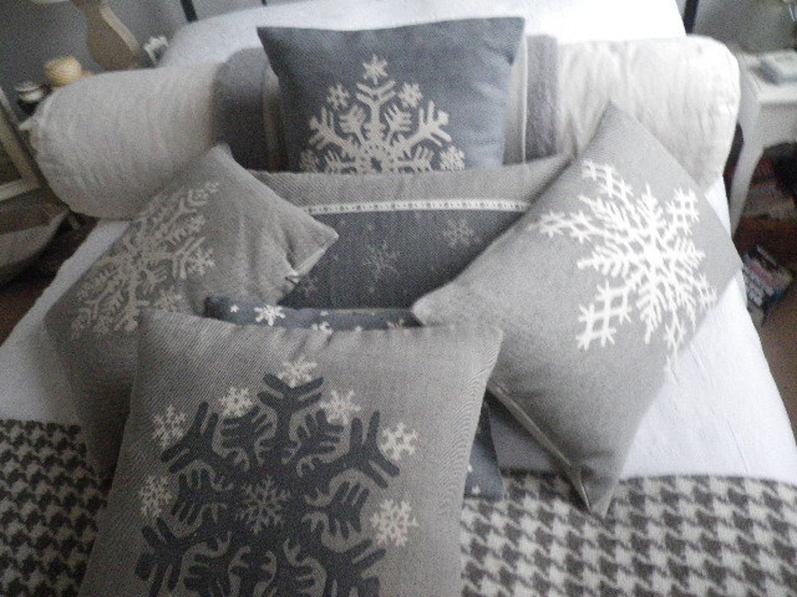Hand printed grey blue snowflake cushion cover | Etsy
