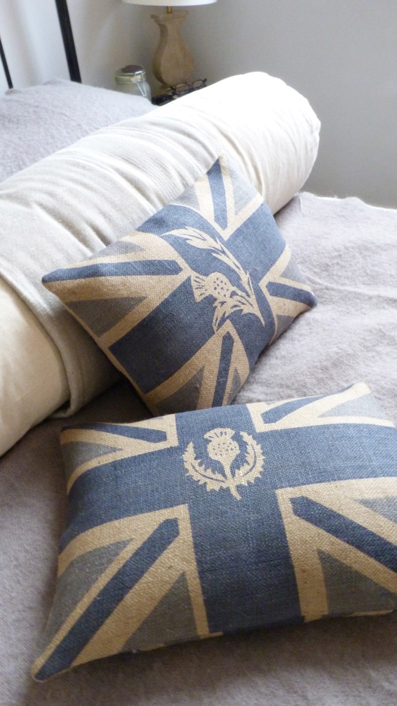 Handprinted Muted Royal Blue Union Jack Flag Cushion Cover With Logo ...