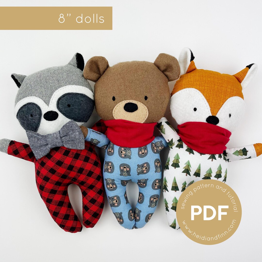 Woodland Animal Baby Doll Sewing Pattern: Fox, Raccoon, Bear (PDF ...