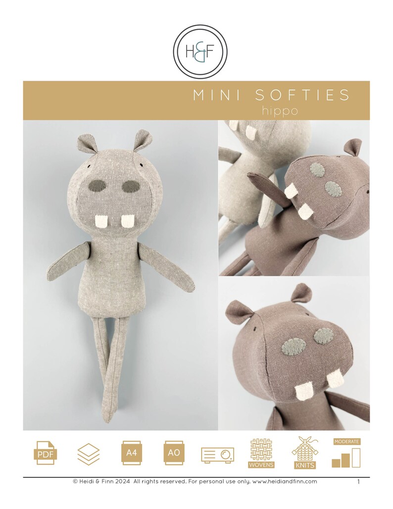 Hippo Doll Sewing Pattern, Mini Softie Pattern, Hippo Sewing Pattern ...