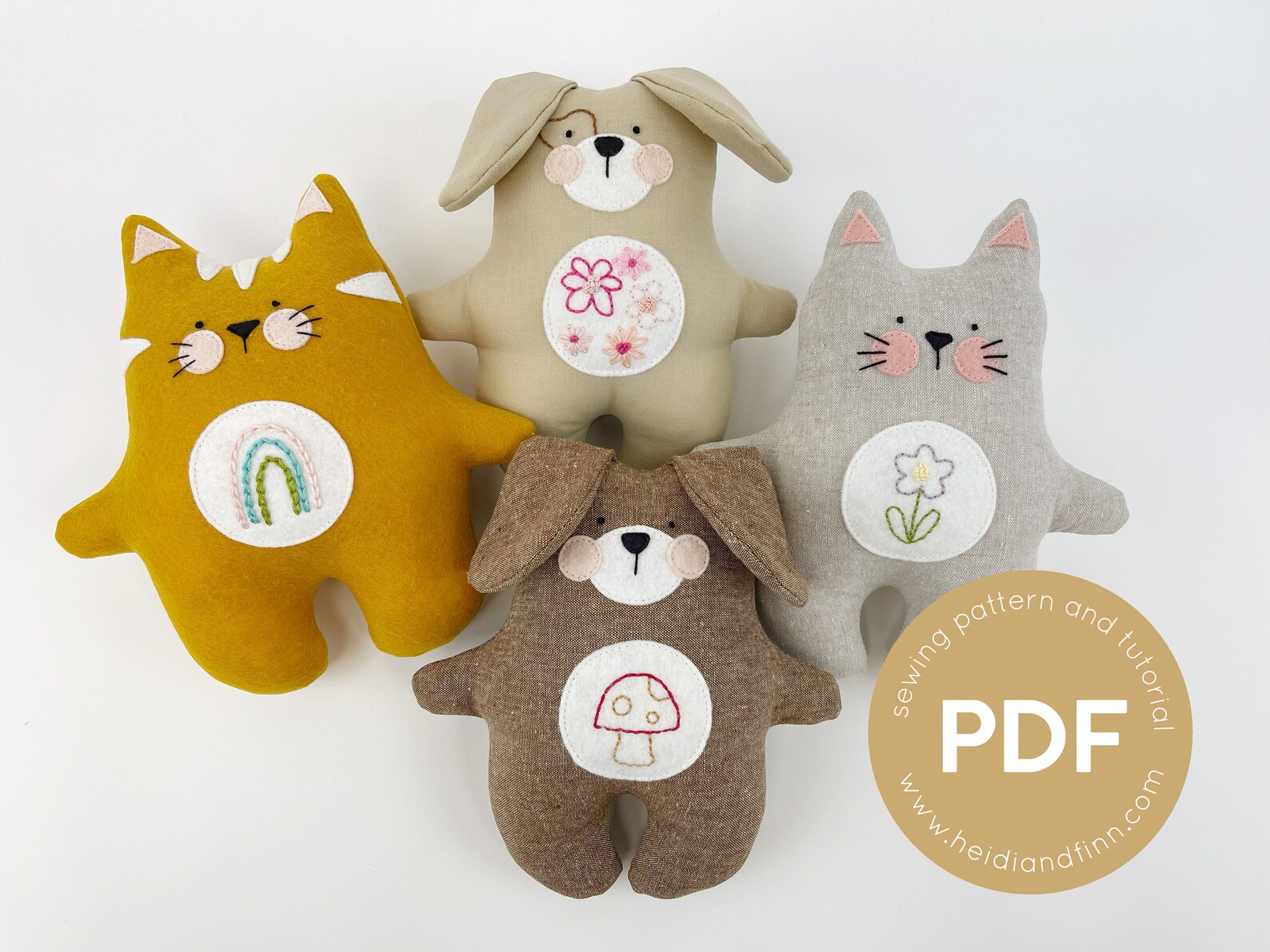 Boho BUNDLE Sewing Pattern, 4 Animal Doll Pattern, Embroidered Cat ...