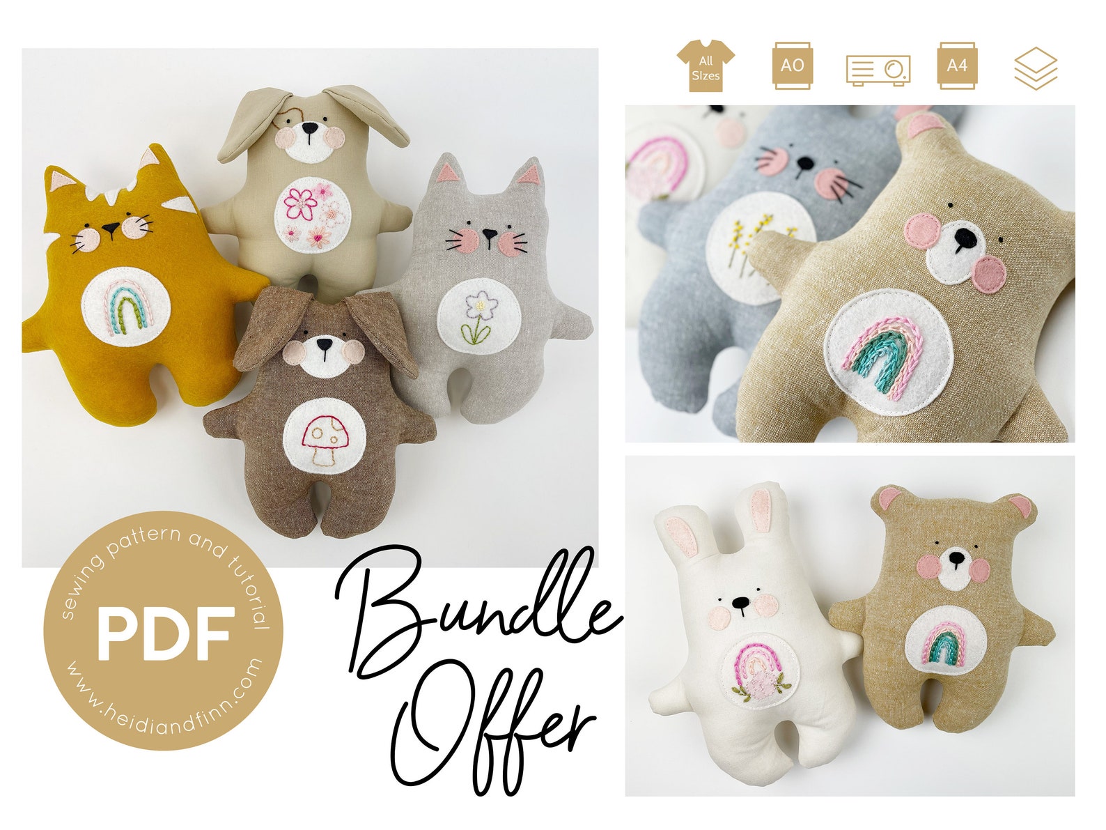 Boho BUNDLE Sewing Pattern, 4 Animal Doll Pattern, Embroidered Cat Plush, Bunny Doll Pattern ...