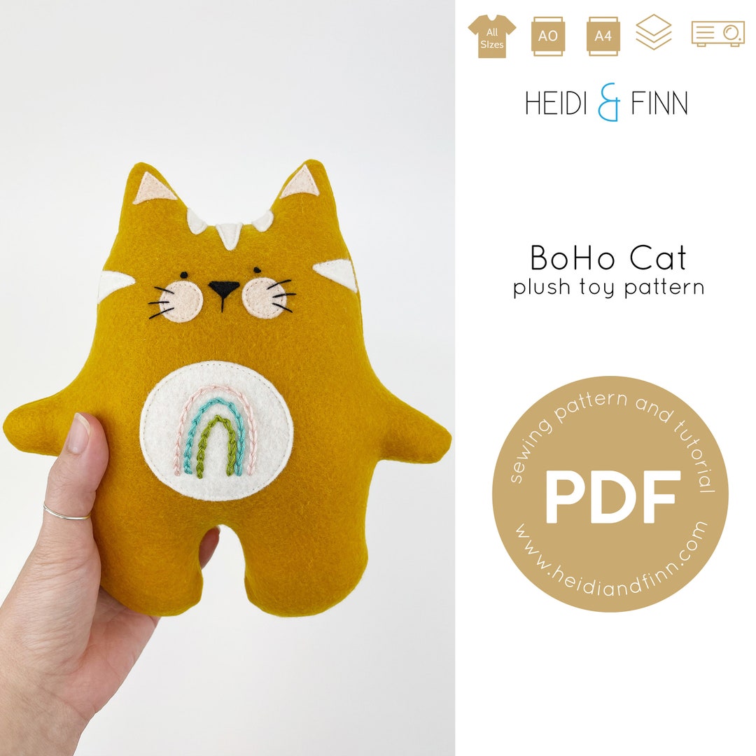 Boho Cat Sewing Pattern, Embroidered Kitty Plush Toy, Animal Sewing ...