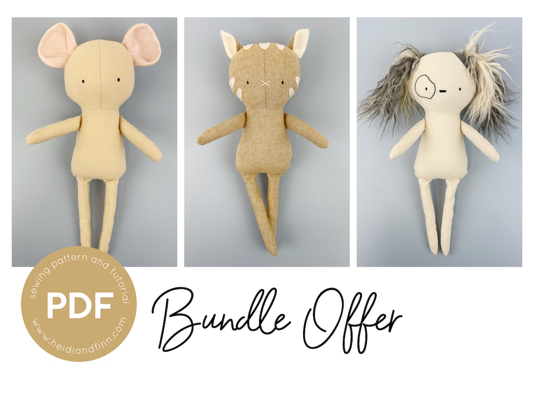 Animal Doll Sewing Pattern, Mini Softie BUNDLE Patterns, Cat Sewing ...