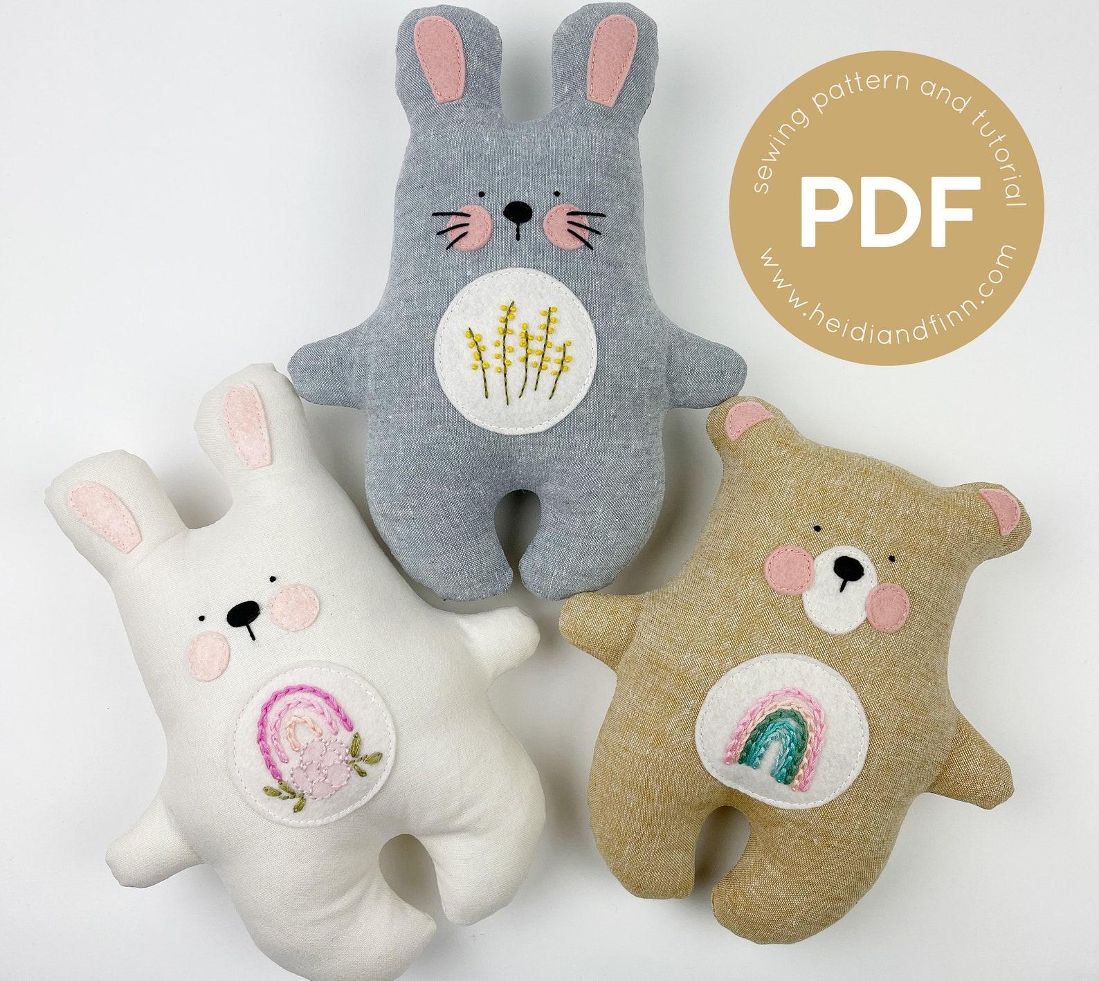 Boho BUNDLE Sewing Pattern, 4 Animal Doll Pattern, Embroidered Cat Plush, Bunny Doll Pattern ...