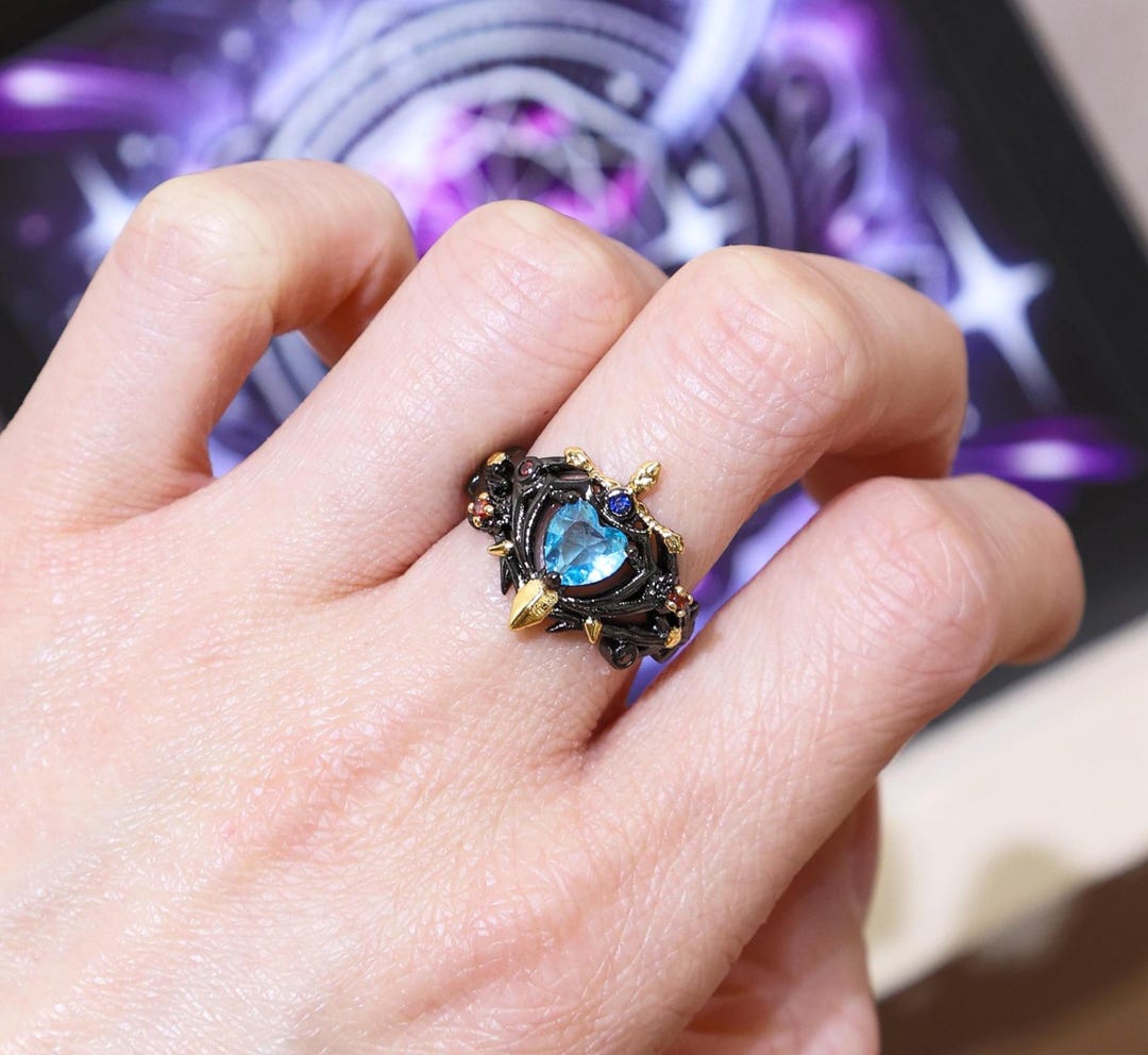 Thorned Rose Sword Ring Gothic Heart Blue Crystal Jewelry for Women Men ...