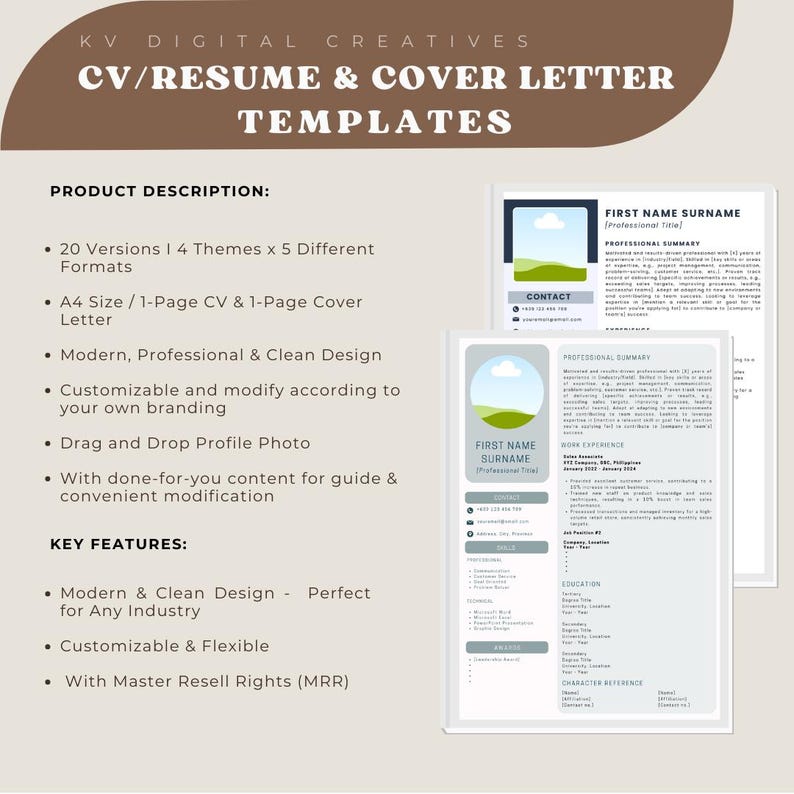 Editable Professional CV and Cover Letter Templates With MRR - Etsy