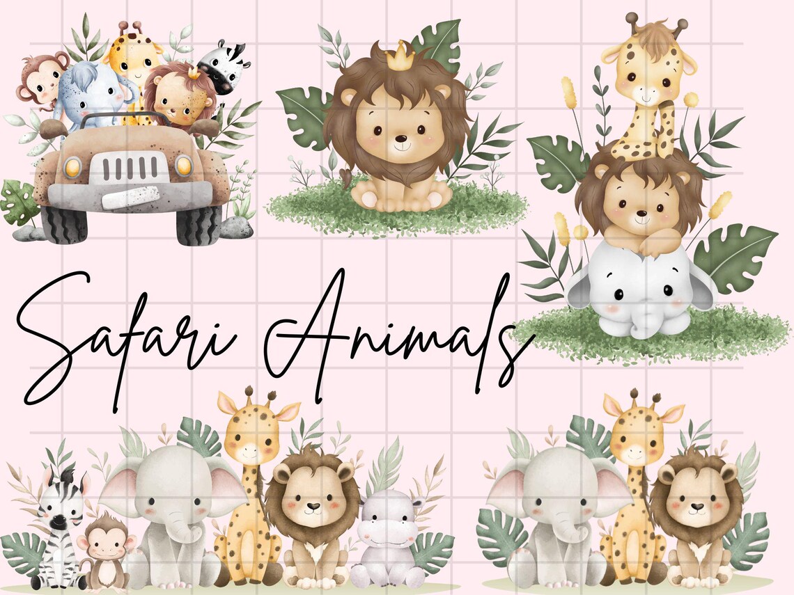 Cute Safari Animal Clipart\ Jungle Animals Png\ Watercolor\ Nursery ...