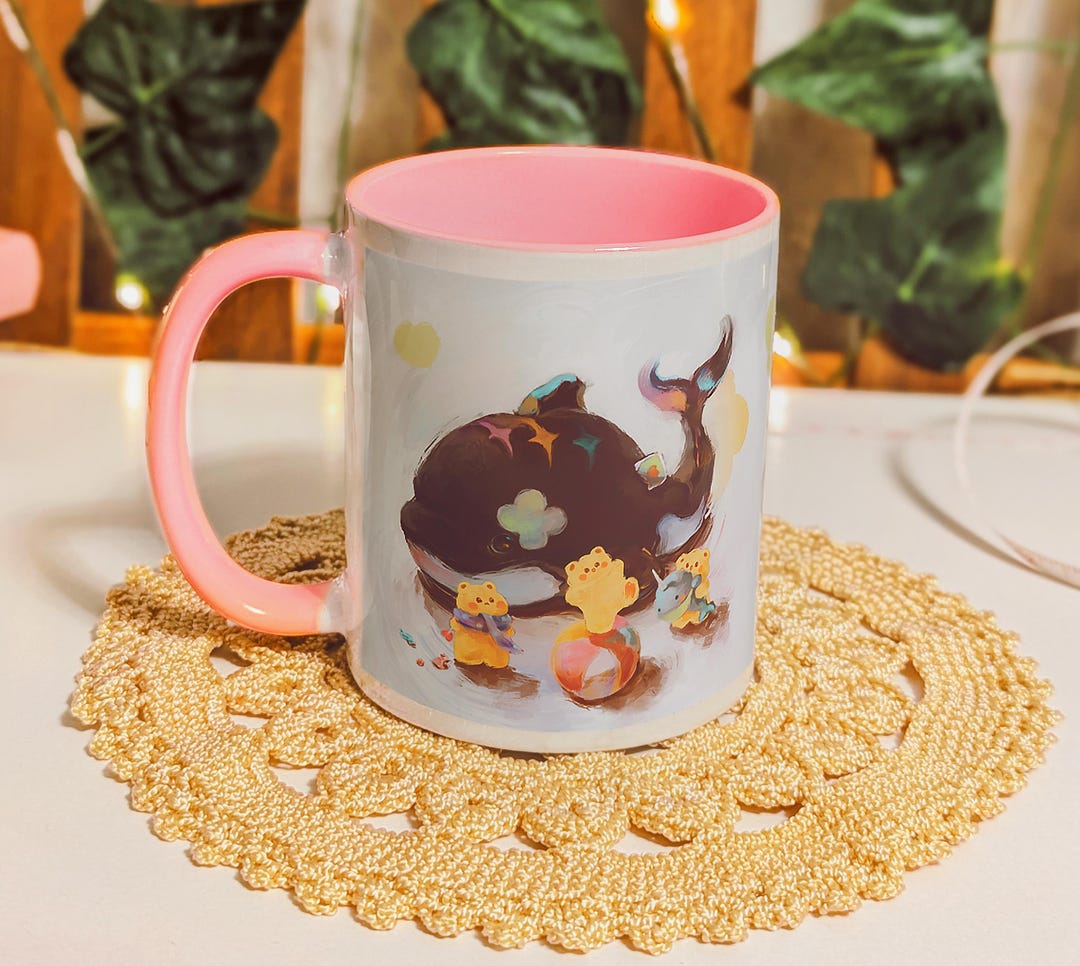 Whaley Cute! Kawaii Orca & Bears Mug - Pastel Pink Aesthetic Ceramic ...