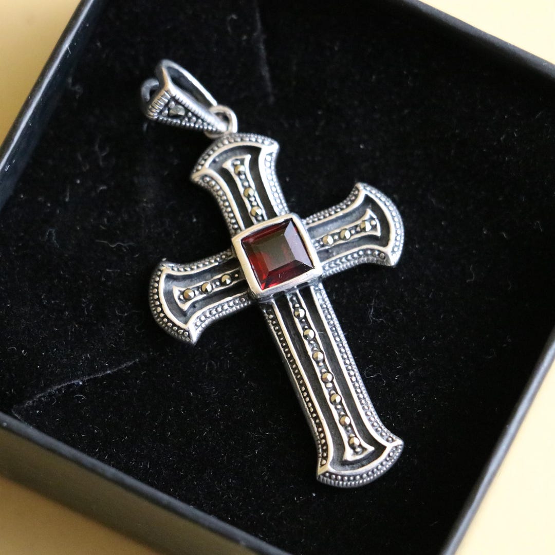 Thailand 925 Sterling Silver Marcasite Cross With Garnet Gemstone - Etsy