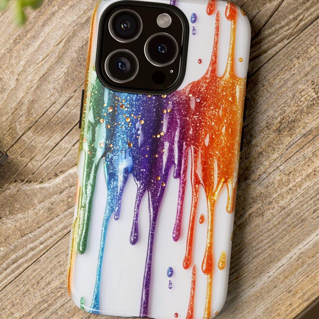 Dripping Rainbow Glitter Effect Phone Case, Unique Colorful Paint Splat ...