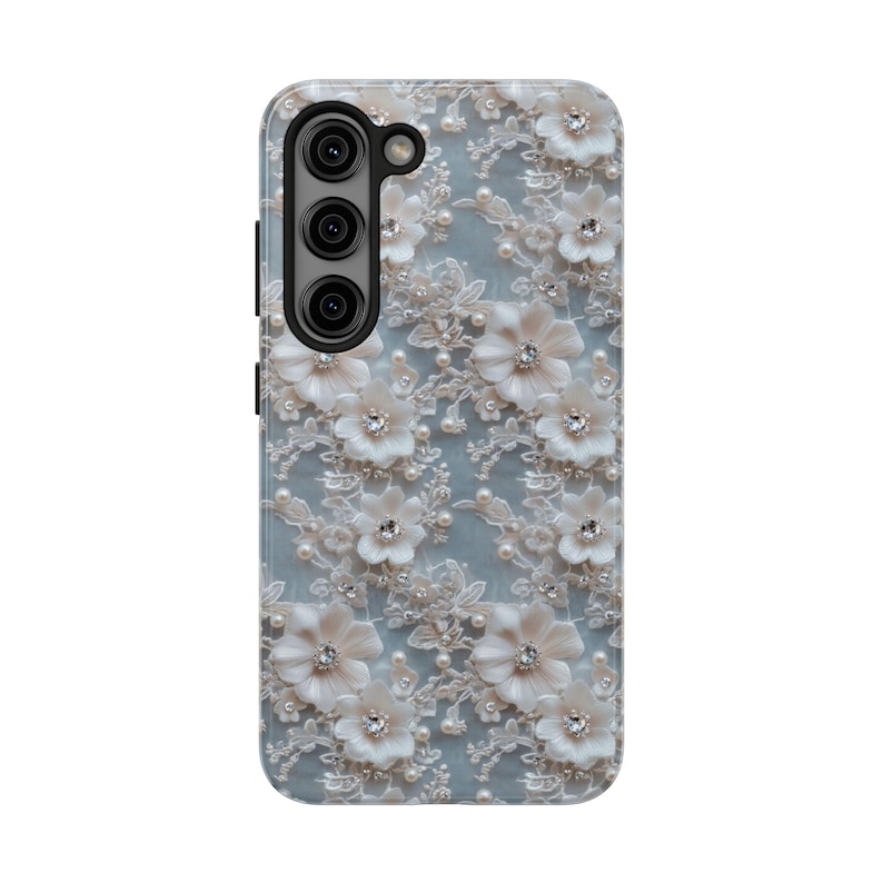 White & Blue Floral Faux Lace Phone Case, Flowers Pearl Diamonds Fancy ...
