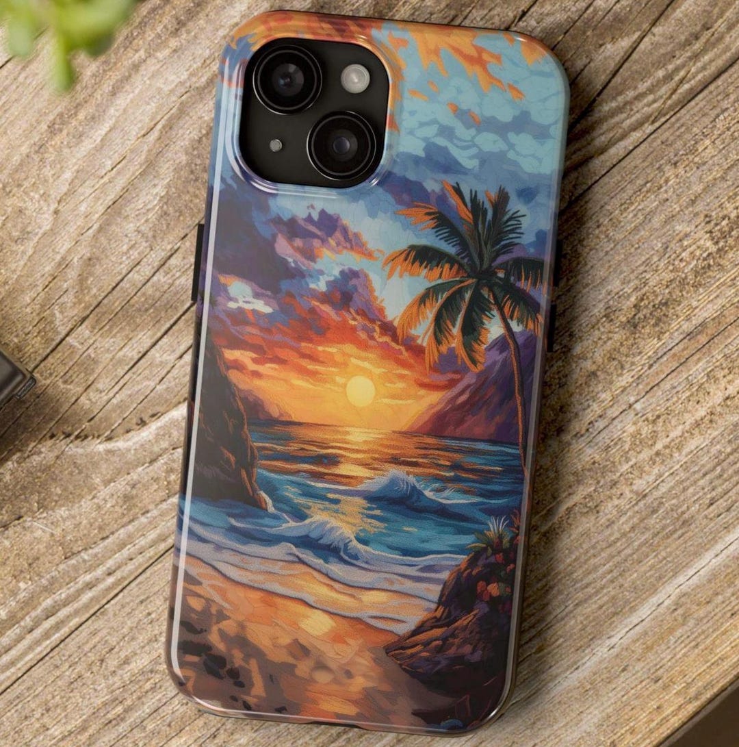 Embroidered Beach Sunset Phone Case, Palm Tree Ocean Waves Bluffs, Faux ...