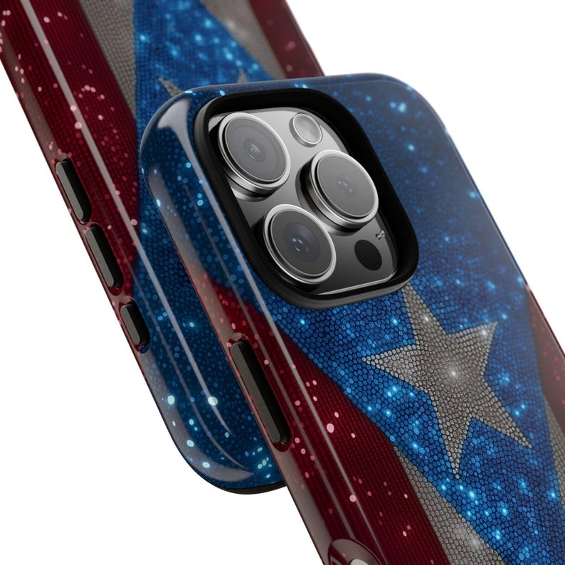 Puerto Rican Flag Faux Glitter Print Phone Case, Faux Rhinestone ...