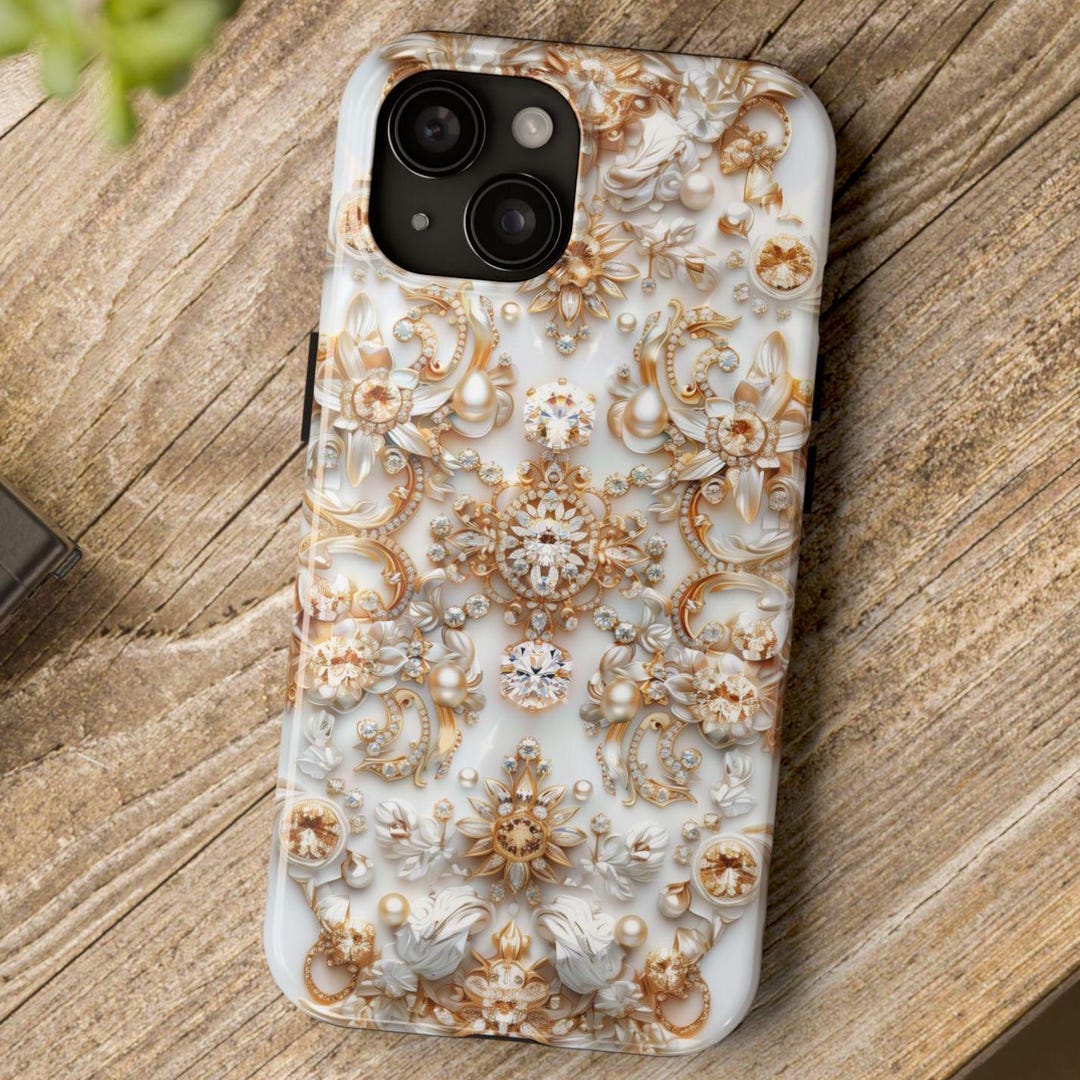 Rose Gold & Diamond White Phone Case, Two-tone Floral Bedazzled Bling ...
