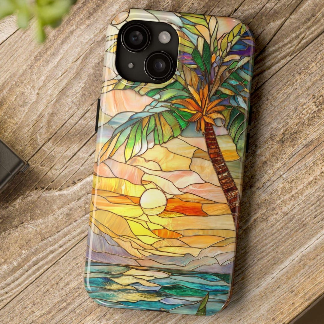 Stained Glass Beach Sunset Phone Case, Palm Tree Ocean Waves Water Sand ...