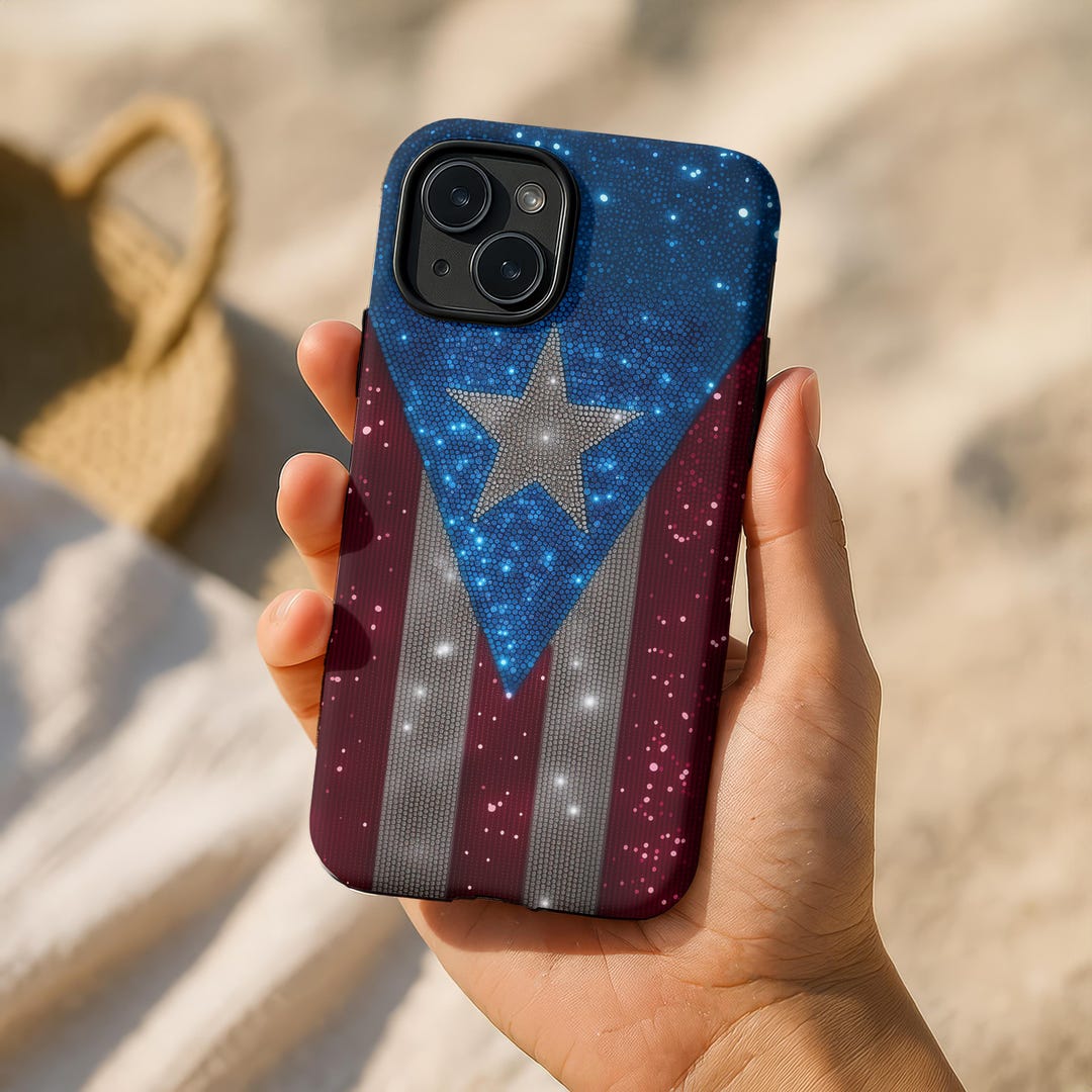 Puerto Rican Flag Faux Glitter Print Phone Case, Faux Rhinestone ...