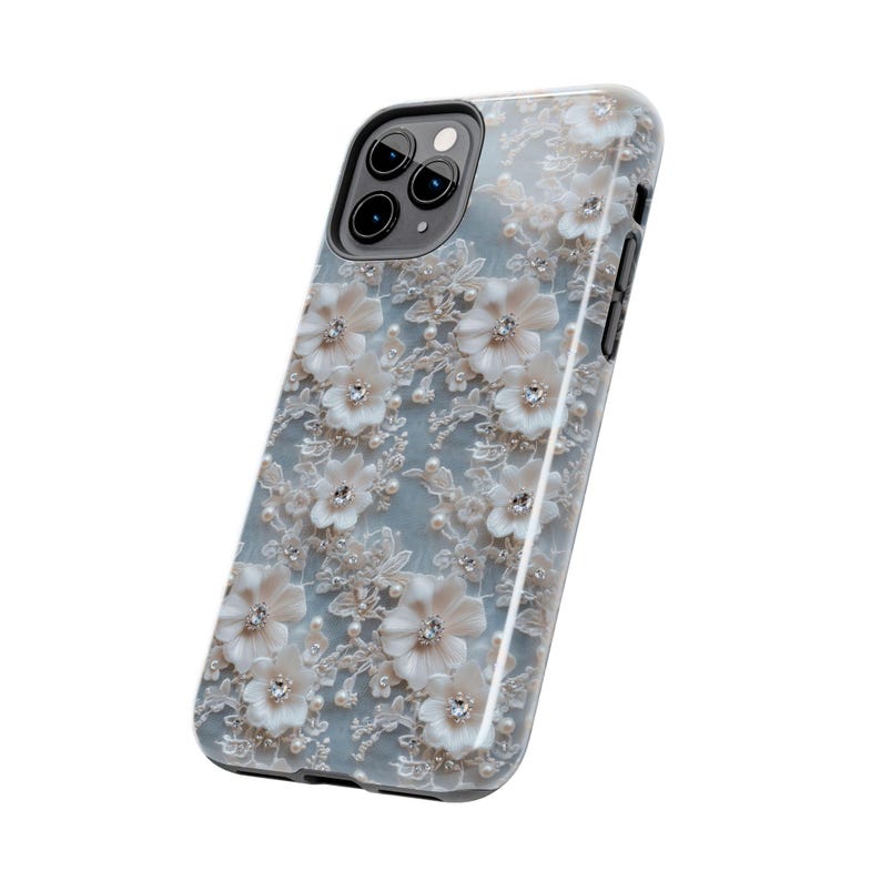 White & Blue Floral Faux Lace Phone Case, Flowers Pearl Diamonds Fancy ...