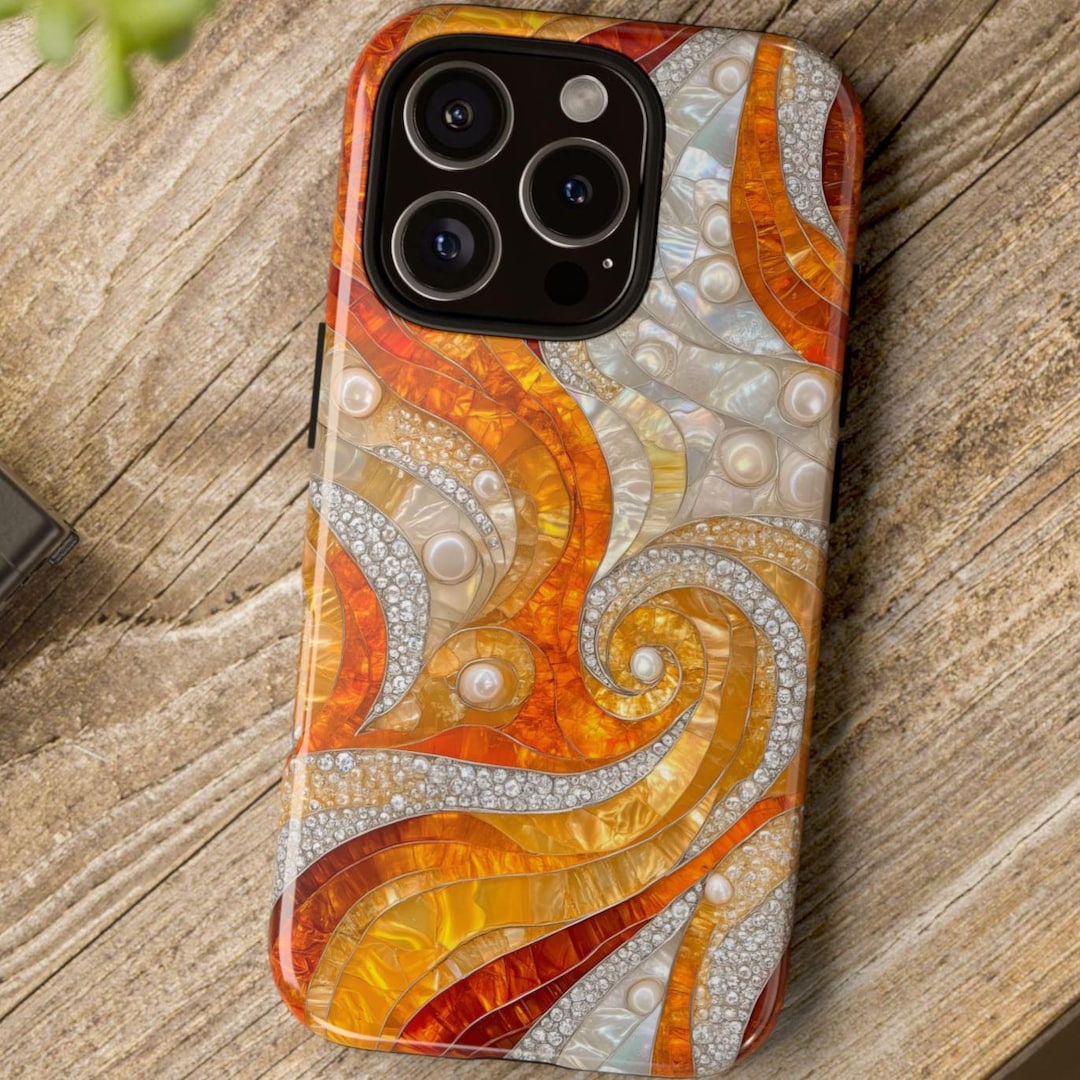 Pearl & Diamond Orange White Swirl Phone Case, Faux Stained Glass ...