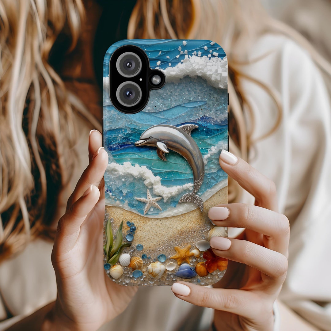 Beach Dolphin Phone Case, 3D Mosaic Sand Seashell Ocean Waves Starfish ...