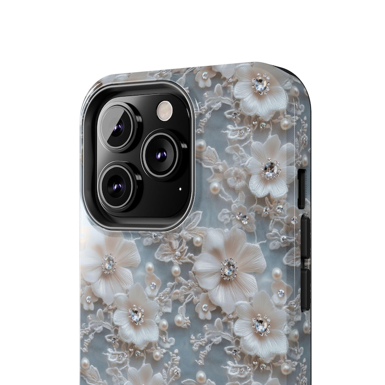 White & Blue Floral Faux Lace Phone Case, Flowers Pearl Diamonds Fancy ...