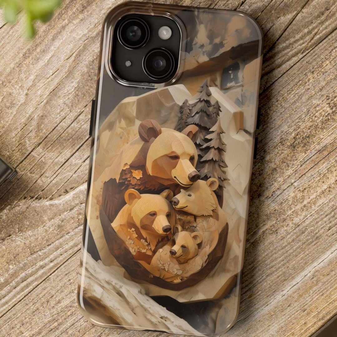 Carved Wood Effect Bear Family Phone Case, Cute Brown Grizzly Forest ...