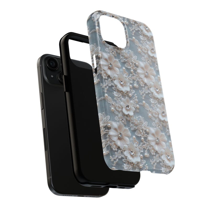 White & Blue Floral Faux Lace Phone Case, Flowers Pearl Diamonds Fancy ...