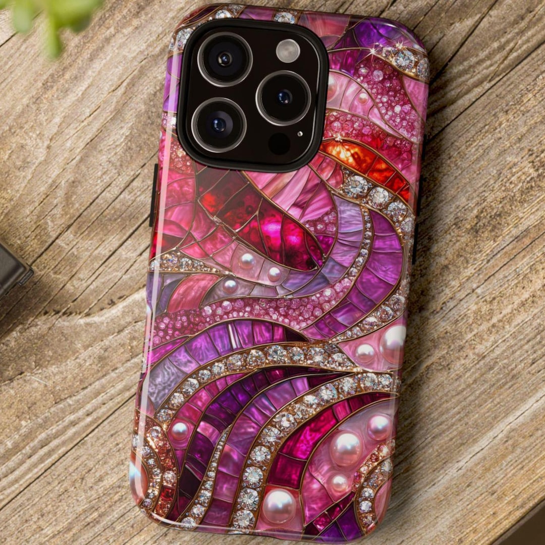 Pink Faux Abalone Pearl & Diamond Phone Case, Red Purple Swirl, Stained ...