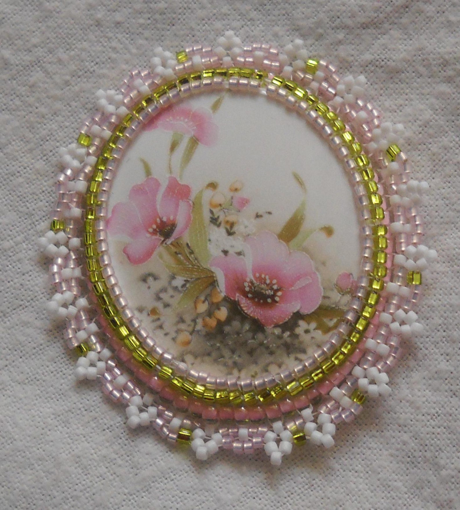 Beaded Brooch Pin-necklace Pink Flowers, Green and White Beaded Lace ...