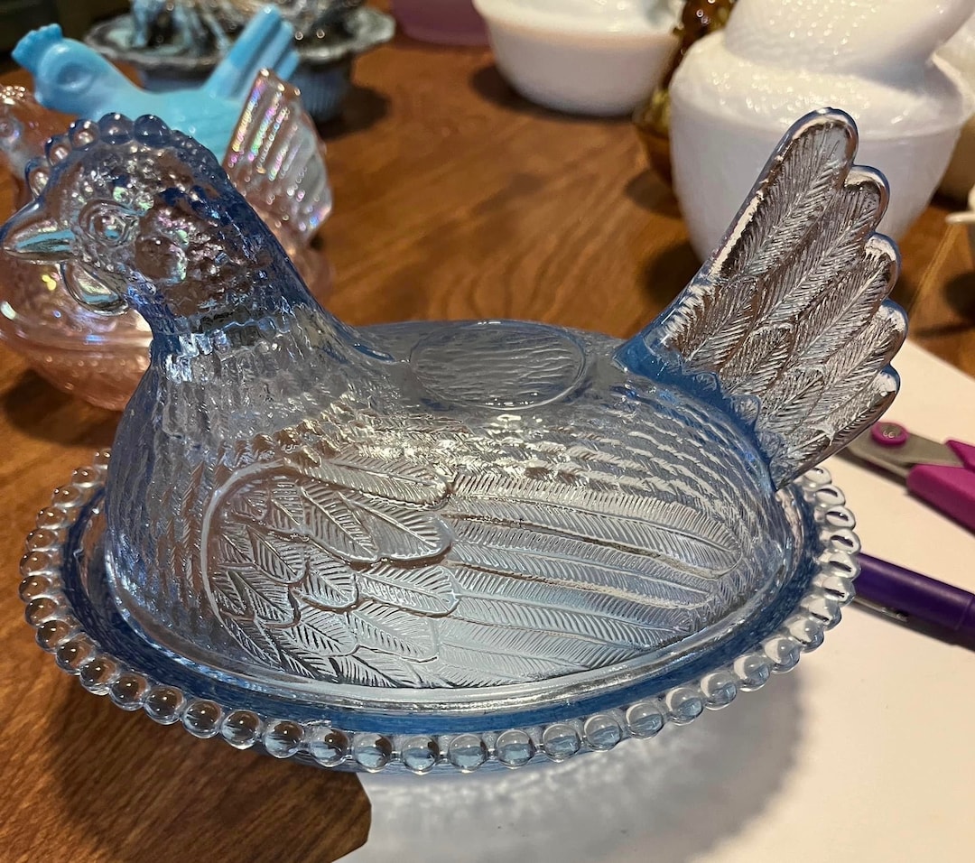 Indiana Glass Hen on Nest, Pastel Blue, Glass Chicken, Farmhouse Decor ...