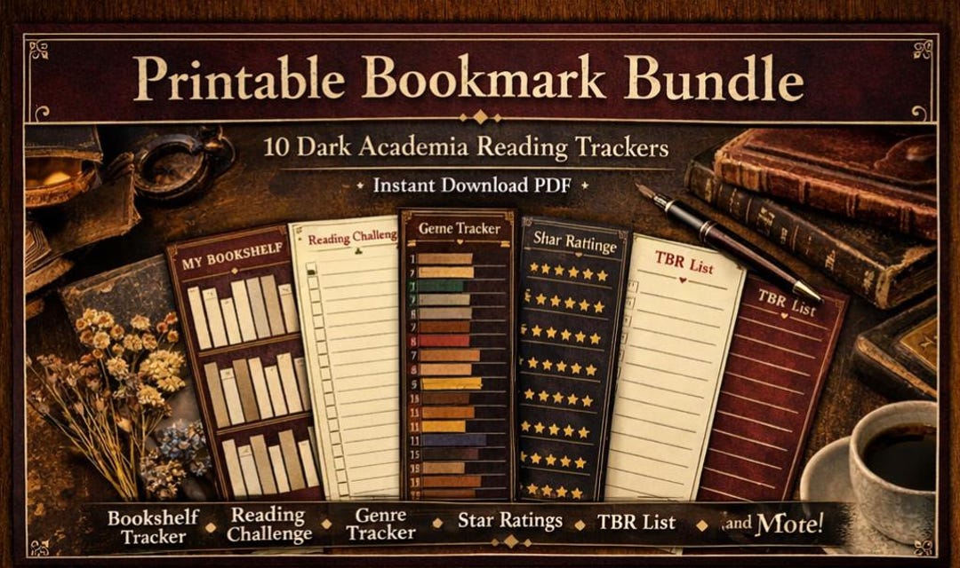 Printable Bookmark Bundle | Dark Academia Reading Tracker | Bookshelf ...