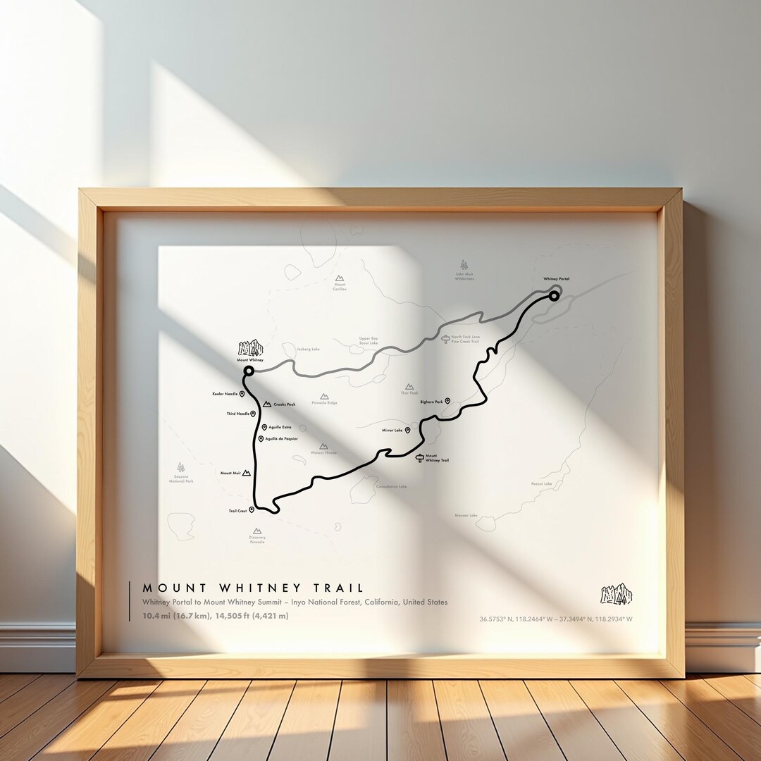 Mount Whitney Trail Print | Mt Whitney Hike Map | Sierra Nevada Hiking ...