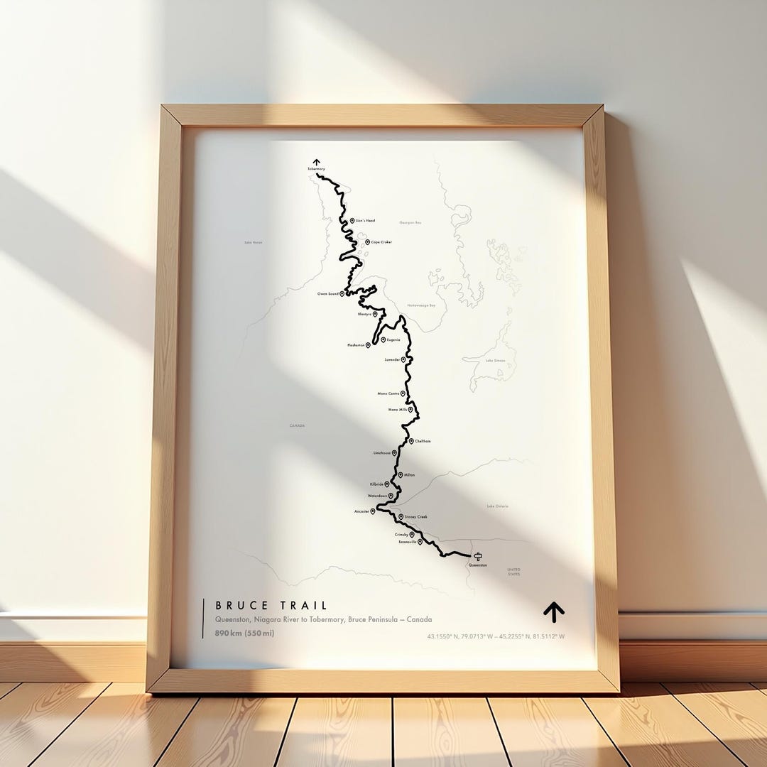 Bruce Trail Map Art | Ontario Hiking Trail Print | Niagara Poster ...