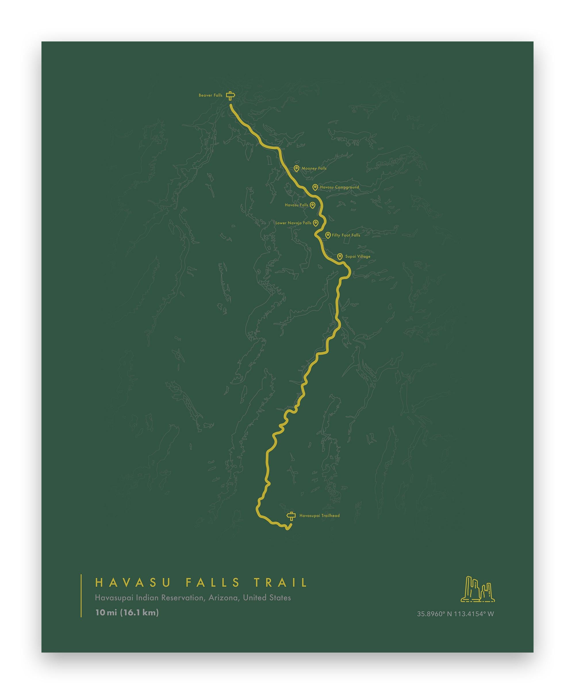 Havasu Falls Trail Map Print | Havasupai Trek Art, Beaver & Mooney ...
