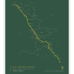 Via Francigena Map | Europe Hiking Trail Poster | Rome Italy Hiking Art ...