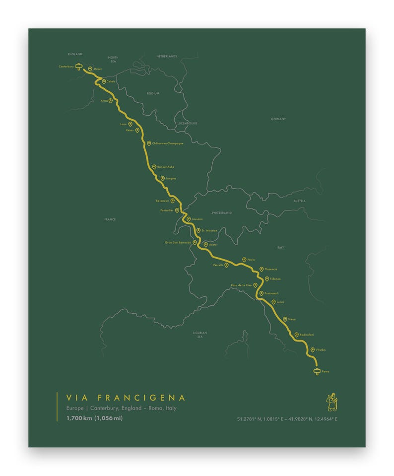 Via Francigena Map | Europe Hiking Trail Poster | Rome Italy Hiking Art ...