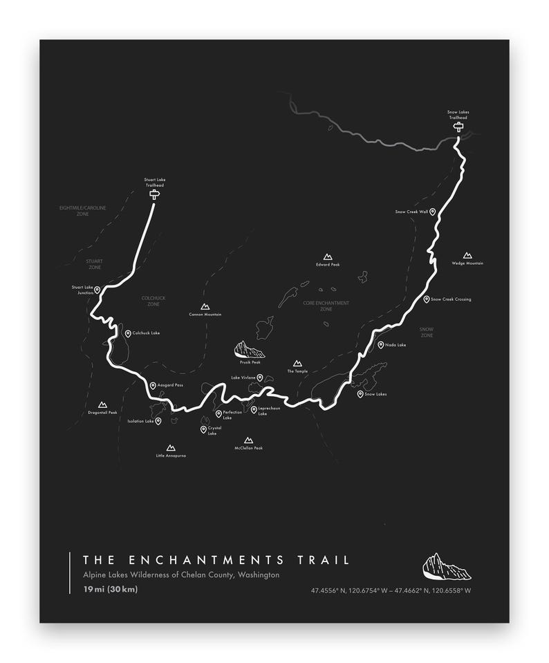 Enchantments Trail Map | Alpine Lakes Wilderness Poster Art | Hiking ...