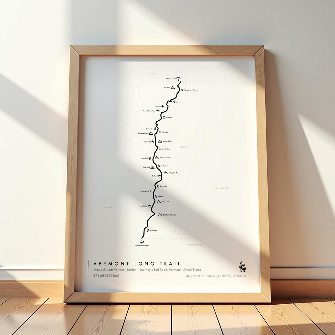 Vermont Long Trail Print | Long Trail Thru Hike Map | Green Mountain ...