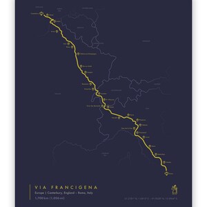 Via Francigena Map | Europe Hiking Trail Poster | Rome Italy Hiking Art ...