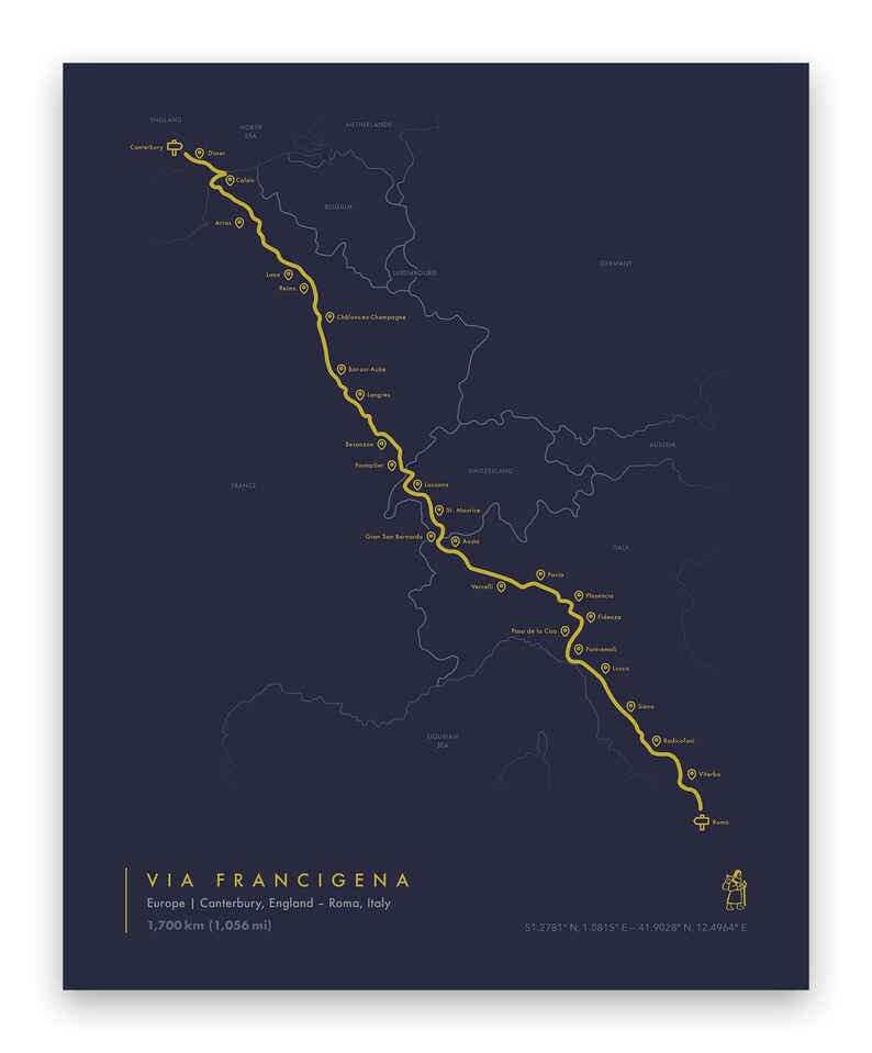 Via Francigena Map | Europe Hiking Trail Poster | Rome Italy Hiking Art ...