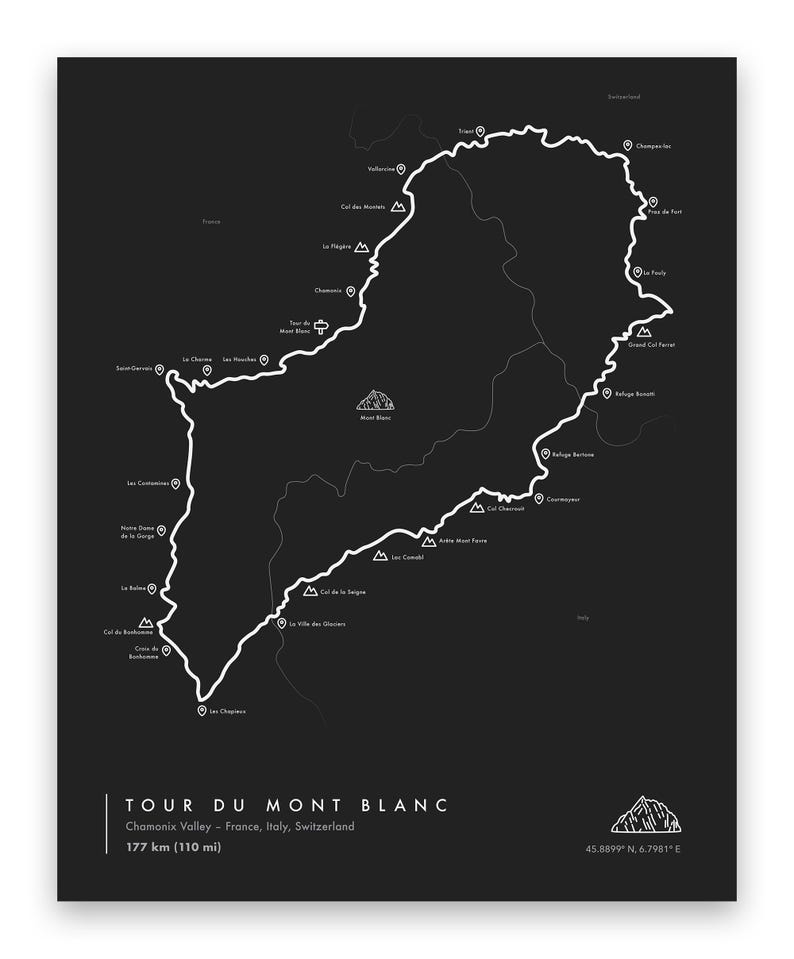 Tour Du Mont Blanc Trail Map | Personalized Mont Blanc Hiking Poster ...
