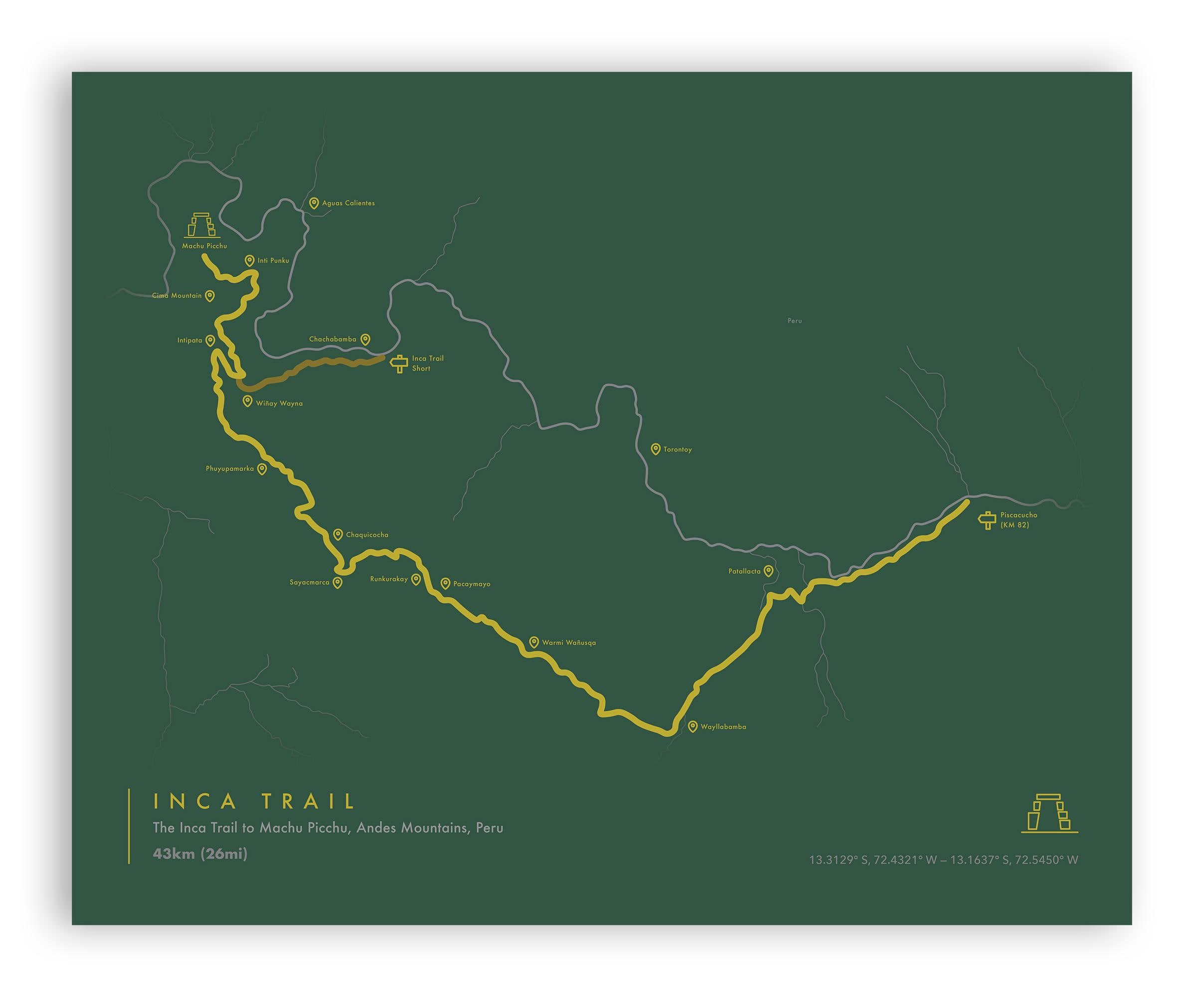 Inca Trail Map | Inca Trail Poster, Machu Picchu Art, Adventure ...