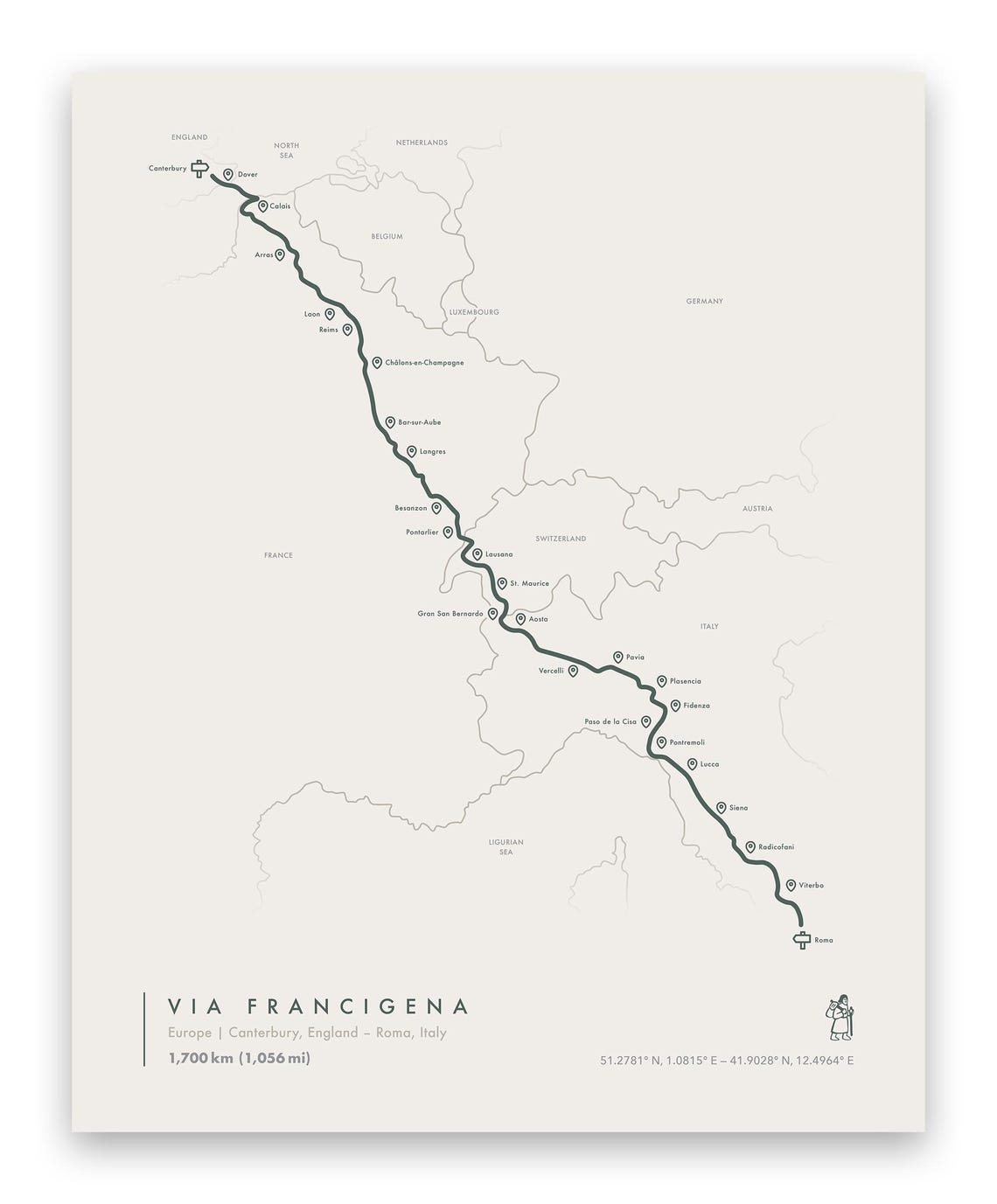 Via Francigena Map | Europe Hiking Trail Poster | Rome Italy Hiking Art ...
